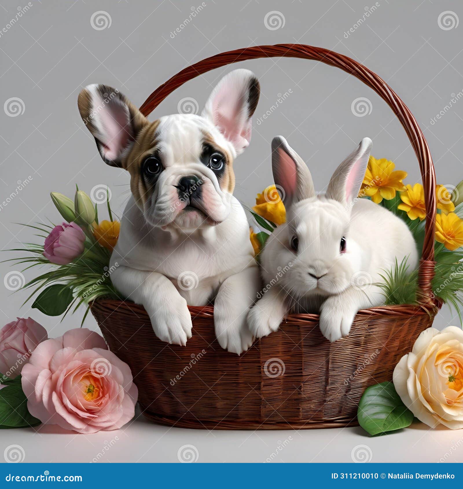 French Bulldog Puppy and Cute White Rabbit Sitting in a Wicker Basket ...