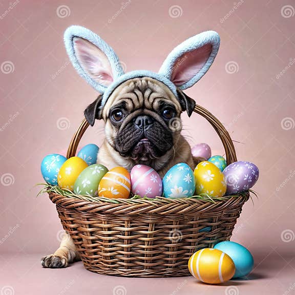 Cute Easter Pug with Bunny Ears on His Head Stock Illustration ...