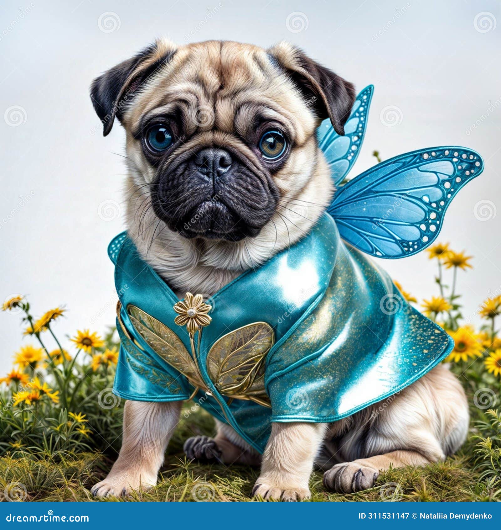Cute Pug Puppy Sitting in a Blue Fairy Costume. Stock Illustration ...