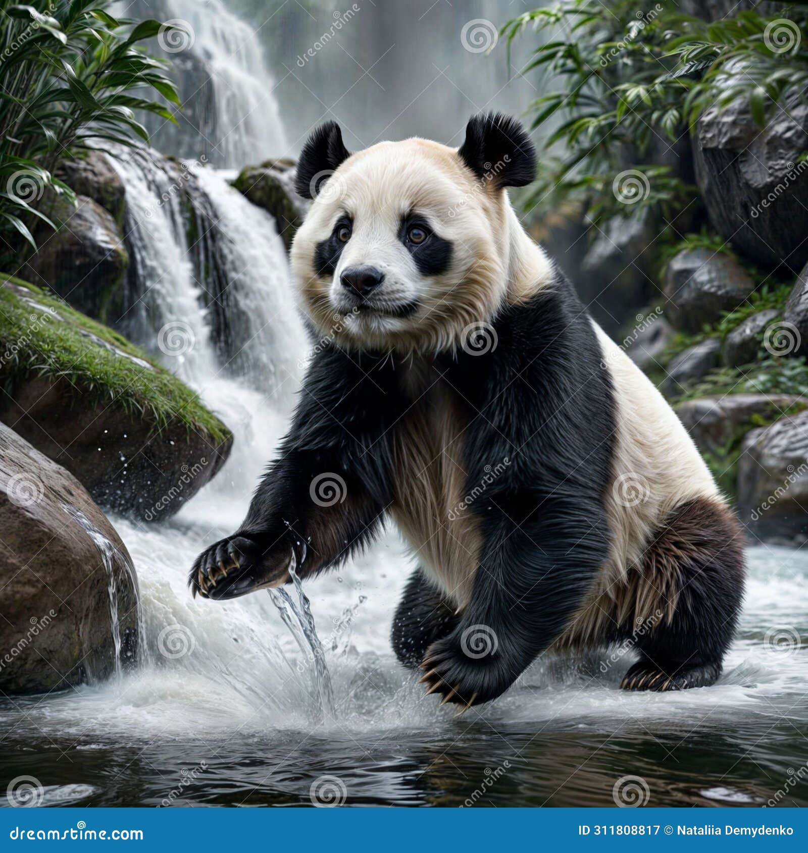 Panda is Swimming in a River with a Waterfall. Stock Illustration ...