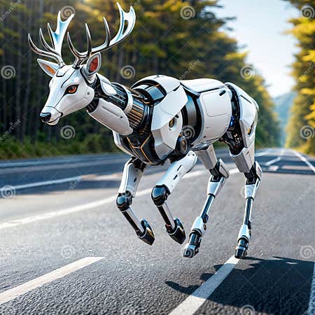 White Cyber Deer Robot Transform Runs Along the Road Stock Illustration ...
