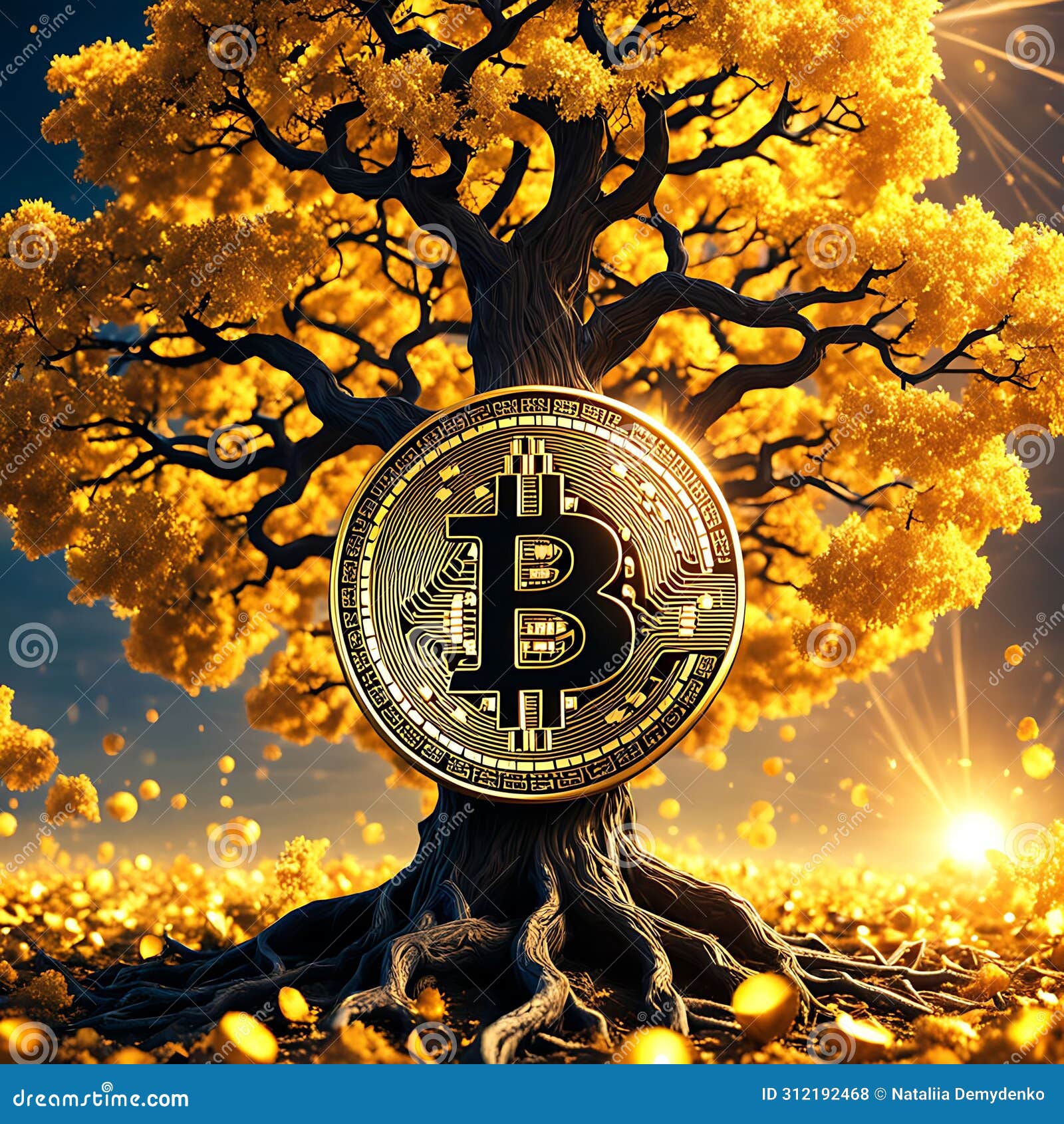 Golden Tree on the Trunk of Which Bitcoin Stock Illustration ...