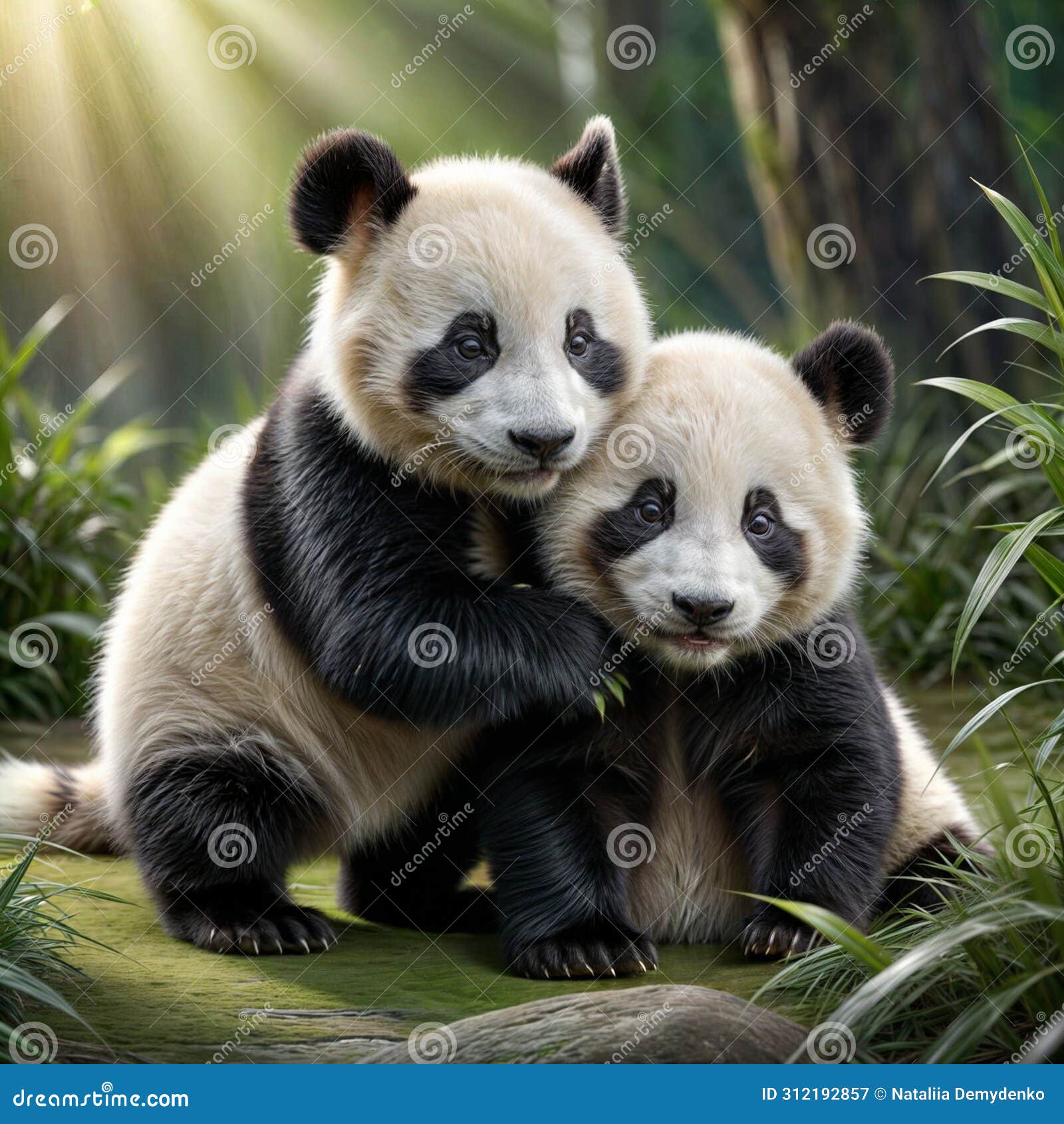 Two Baby Pandas Play with Each Other Against Nature Stock Illustration ...