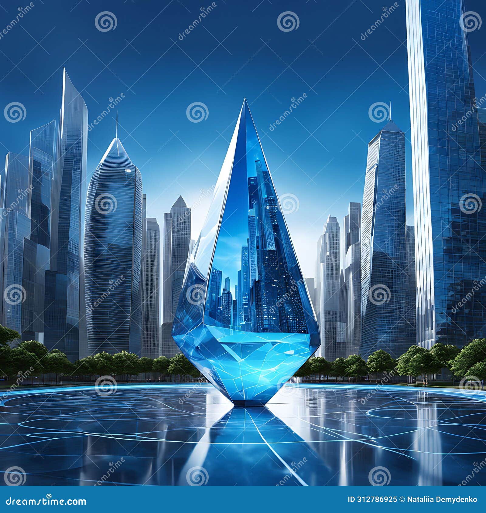 A Large City with High-rise Buildings in the Middle Large Blue Crystal ...