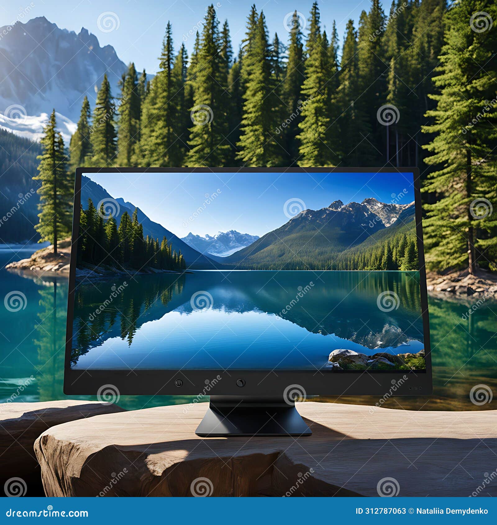 A Computer Monitor with a Nature Screensaver Stands on a Stone Stock ...