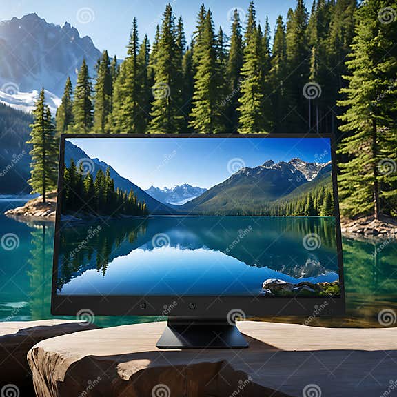 A Computer Monitor with a Nature Screensaver Stands on a Stone Stock ...