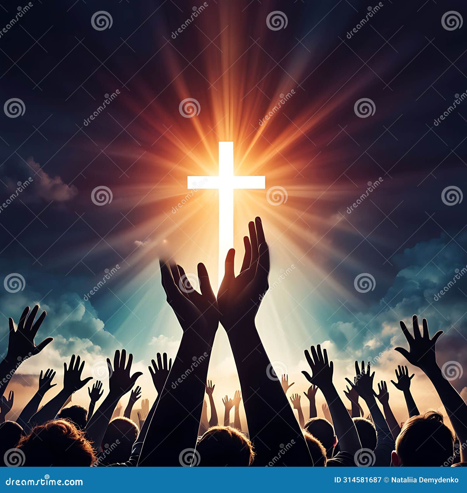 Christian Cross People Stretch Out Their Hands To the Cross Stock ...