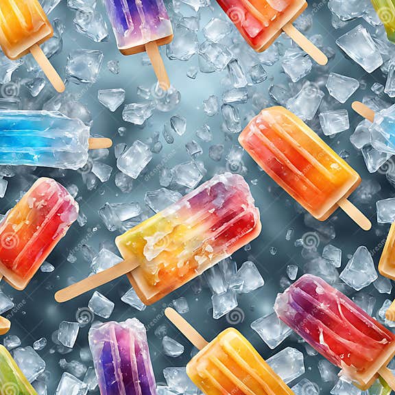 Colored Fruit Ice on a Stick Lying with Ice Cubes Stock Illustration ...