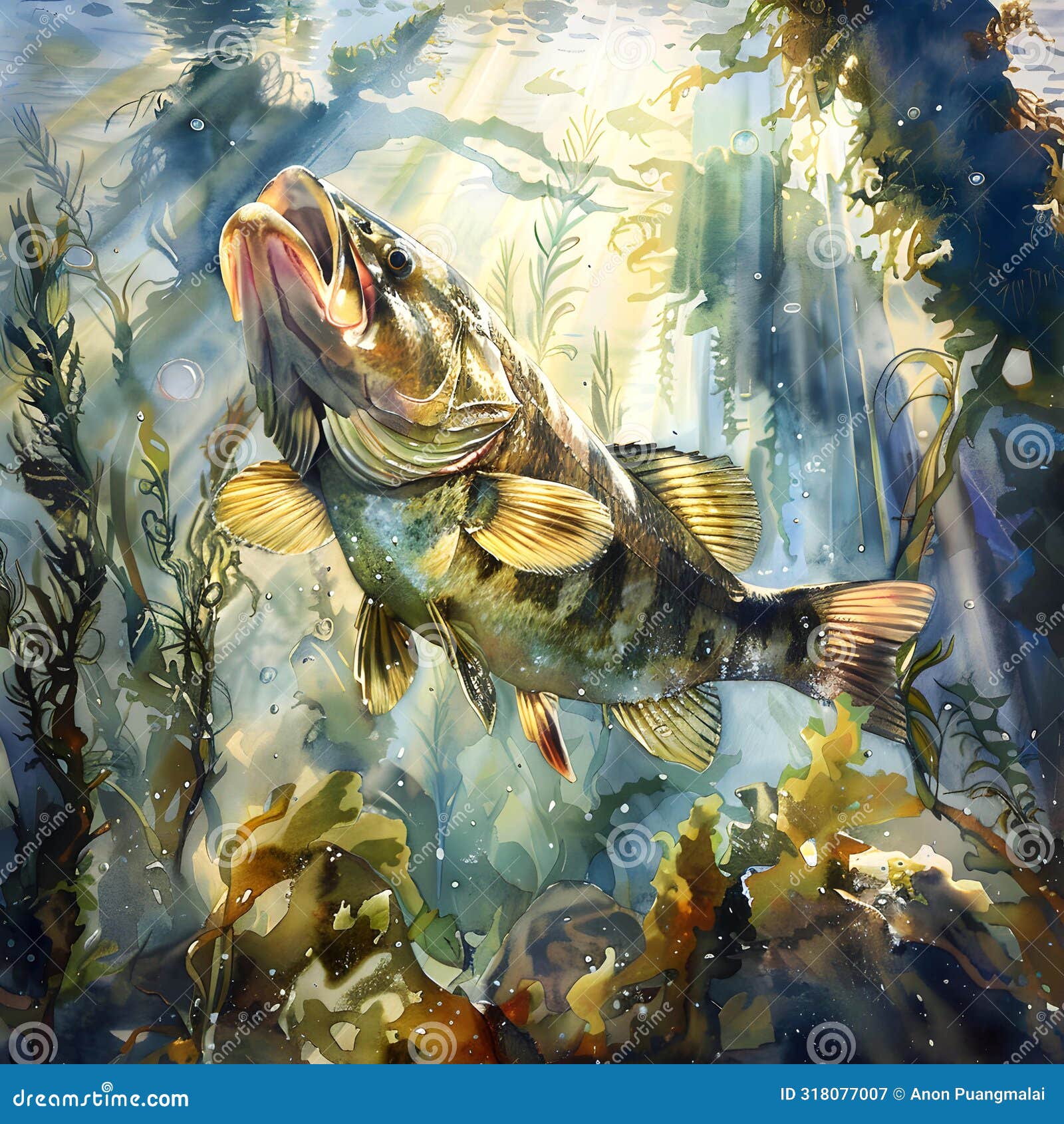 Bass Fish Underwater Scene in Watercolor Style Generative AI Stock ...