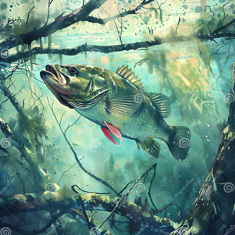 Bass Fish Underwater Scene in Watercolor Style Generative AI Stock ...