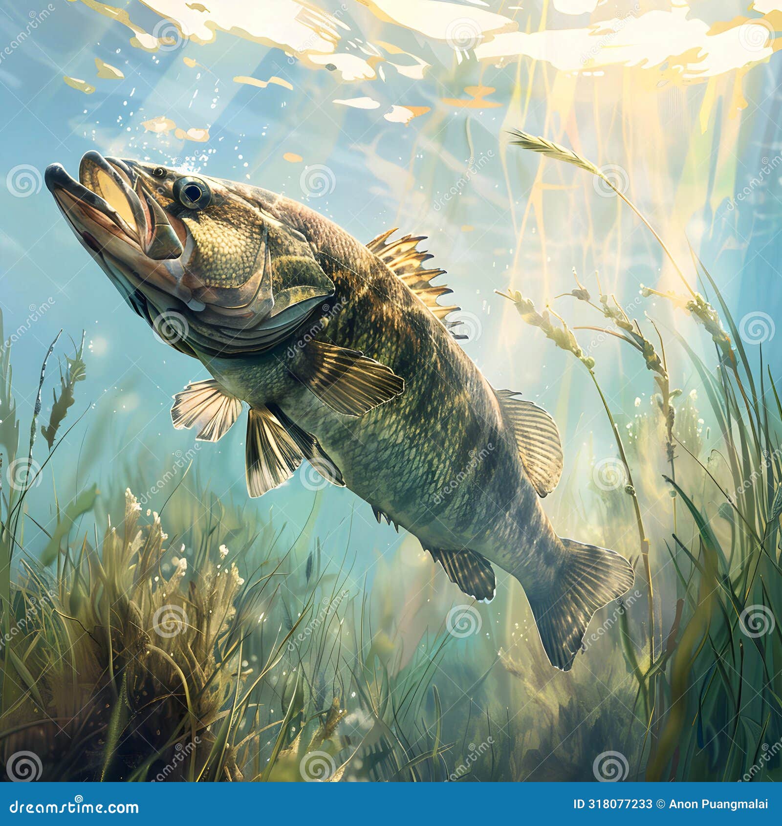 Bass Fish Underwater Scene in Watercolor Style Generative AI Stock ...