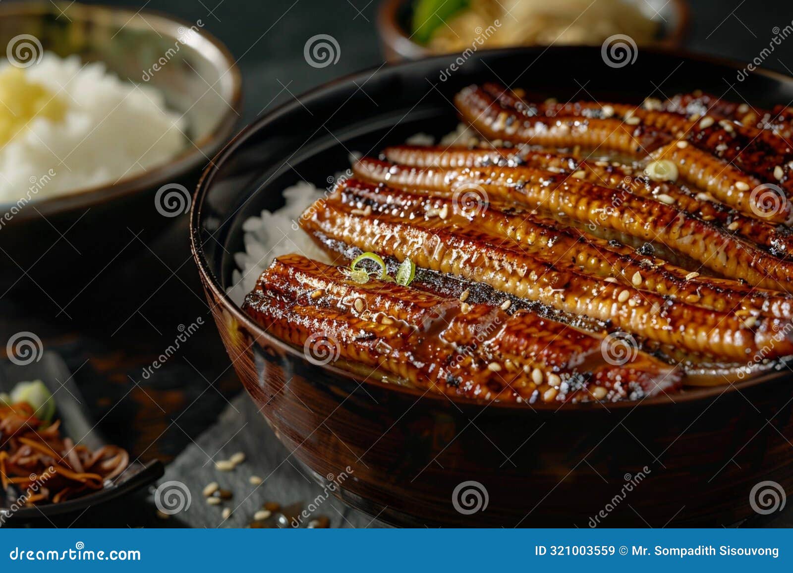 Japanese Unadon Kabayaki, Grilled Eel Over Rice In A Black Bow Stock ...