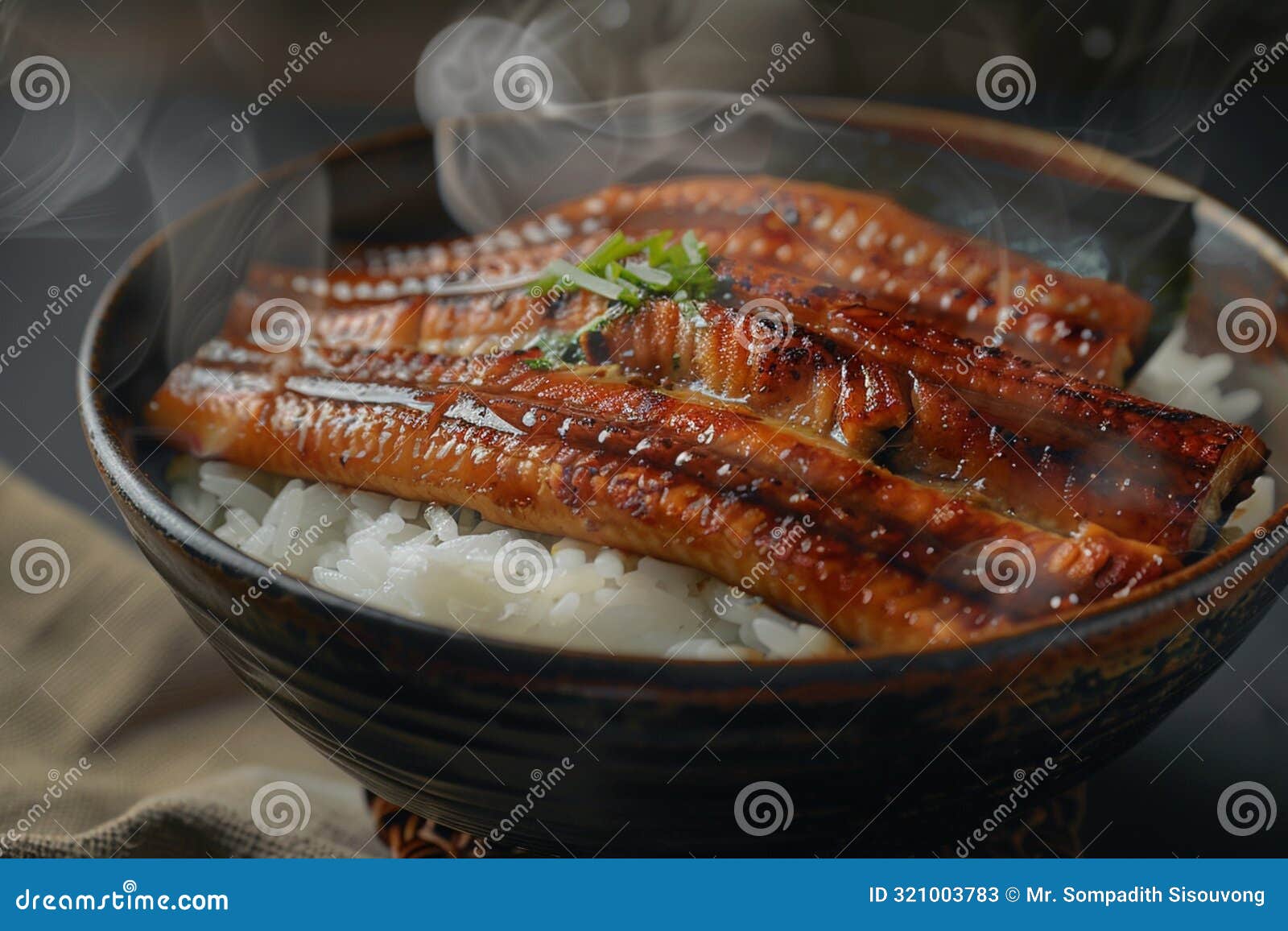 Japanese Unadon Kabayaki, Grilled Eel Over Rice In A Black Bow Royalty ...