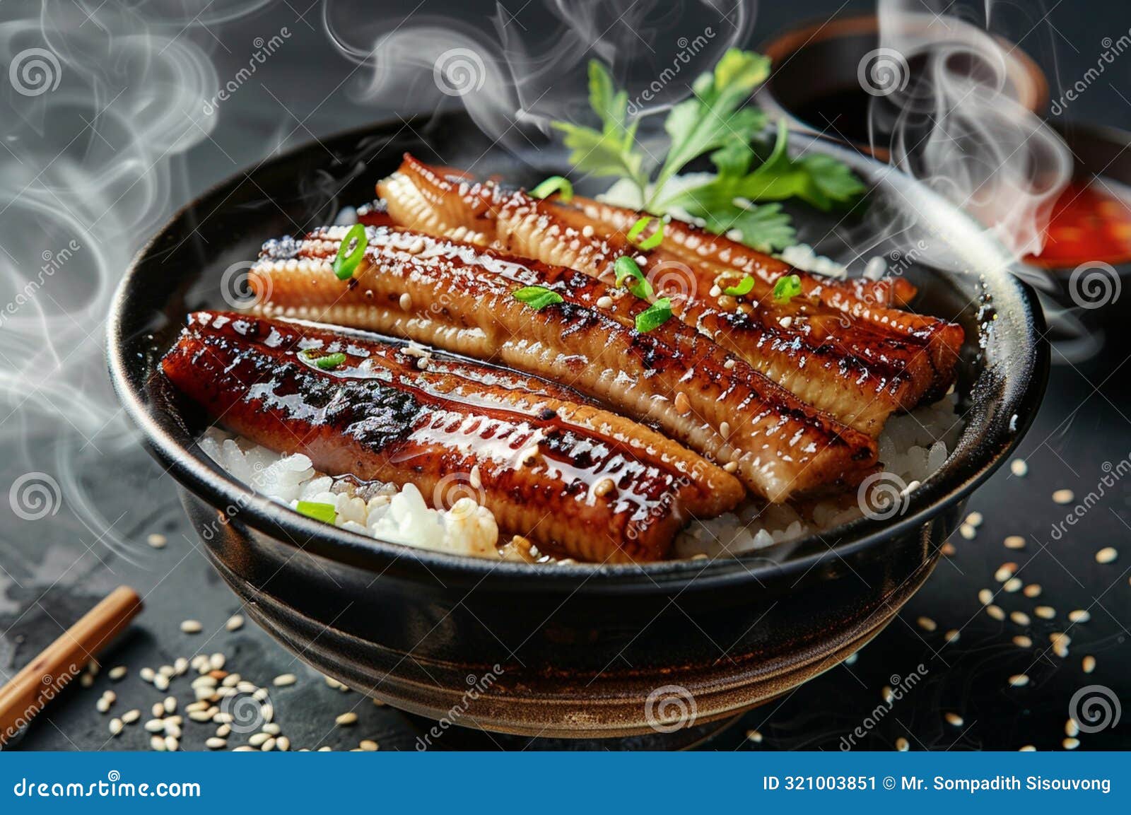 Japanese Unadon Kabayaki, Grilled Eel Over Rice In A Black Bow Stock ...