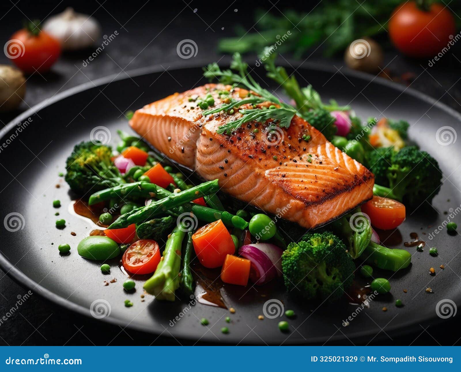 Savory Salmon Filet Steak Over a Variety of Vegetables, Cinematic Food ...
