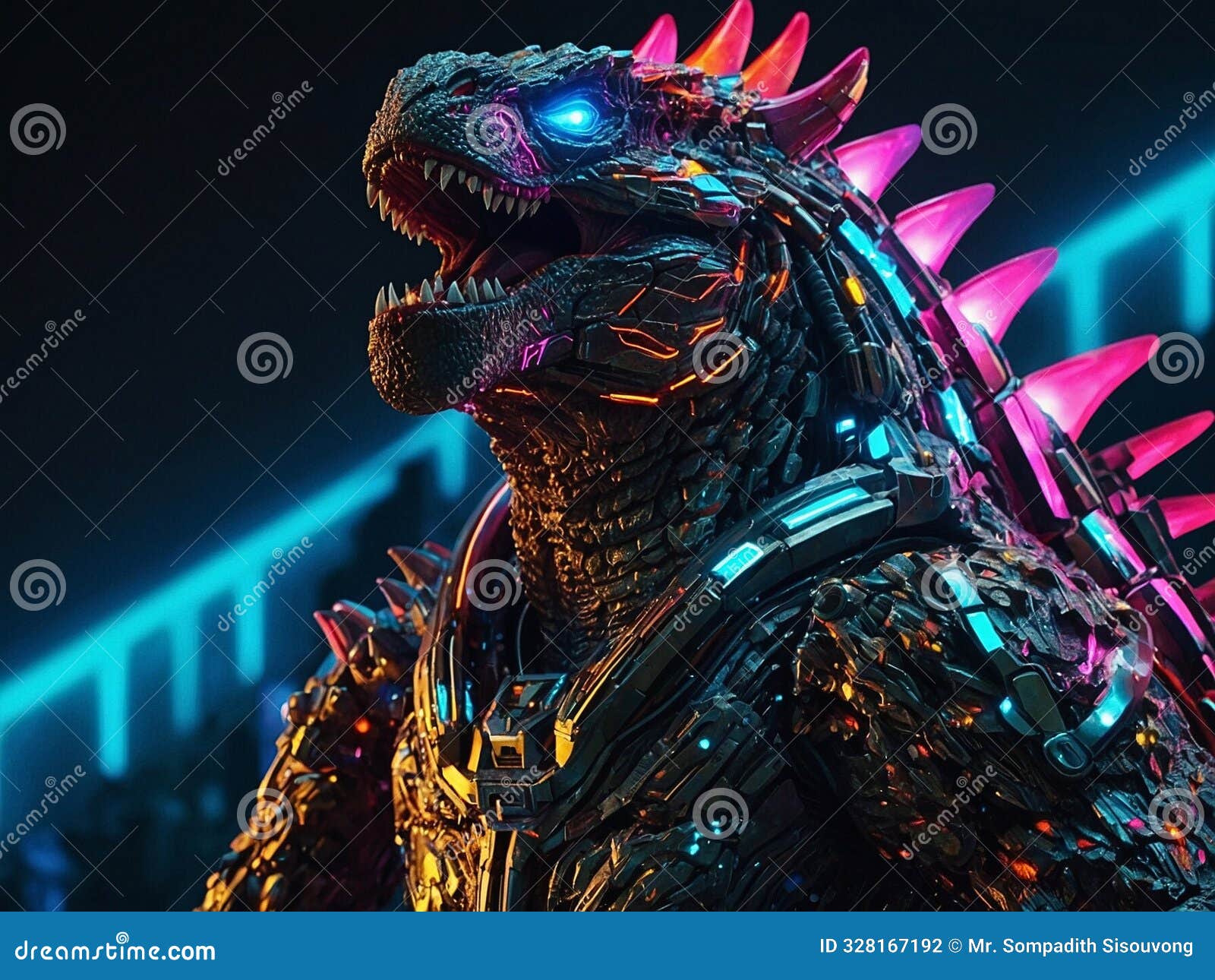 Abstract Neon Light Cyborg Godzilla Wallpaper Stock Illustration ...
