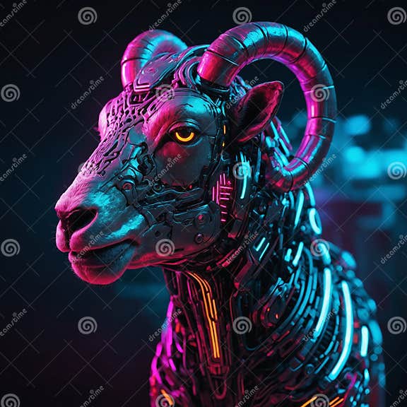 Abstract Neon Light Cyborg Wild Sheep with Horns Wallpaper Stock ...