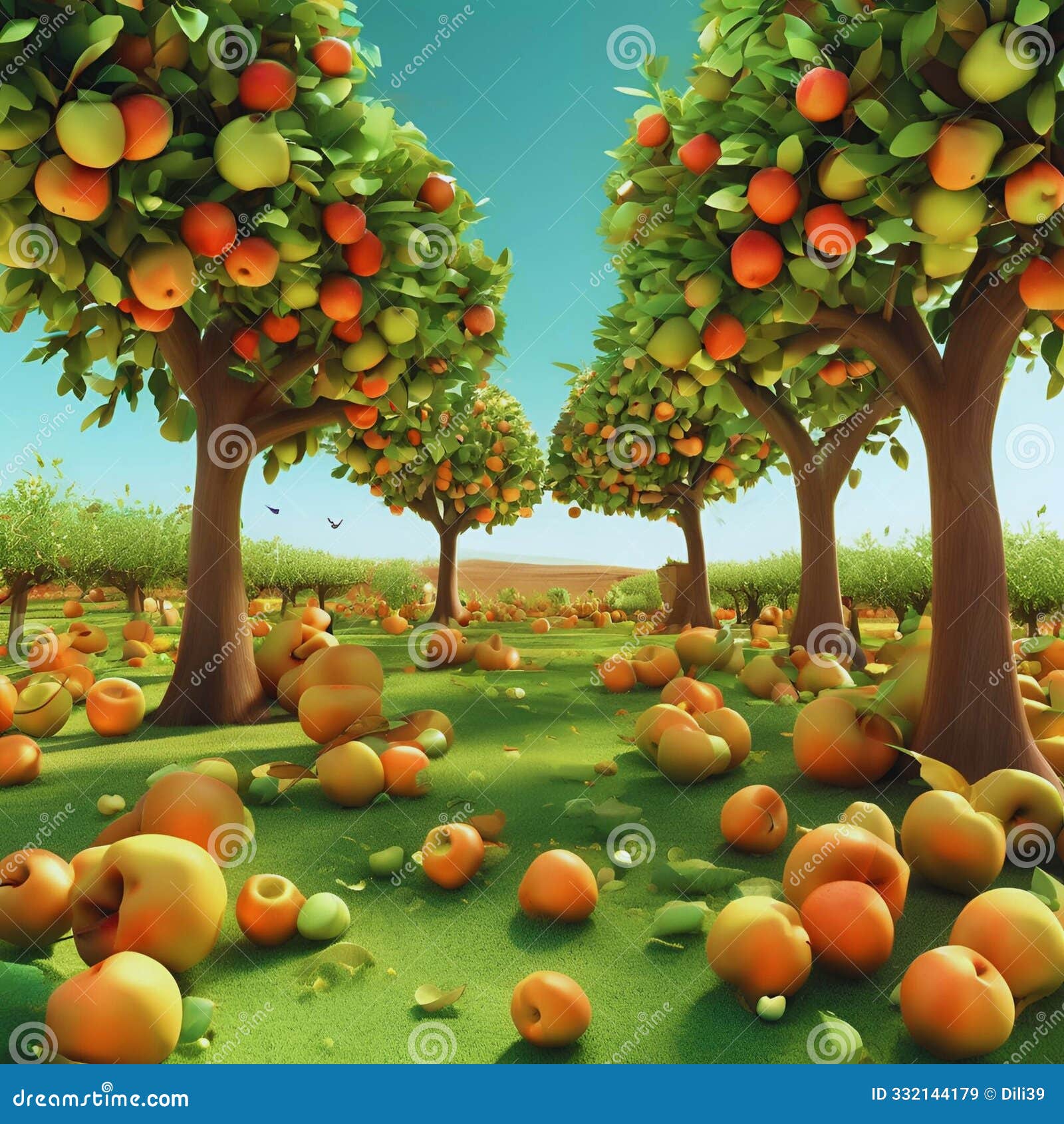 Colorful Orchard with Apple Trees Stock Illustration - Illustration of ...