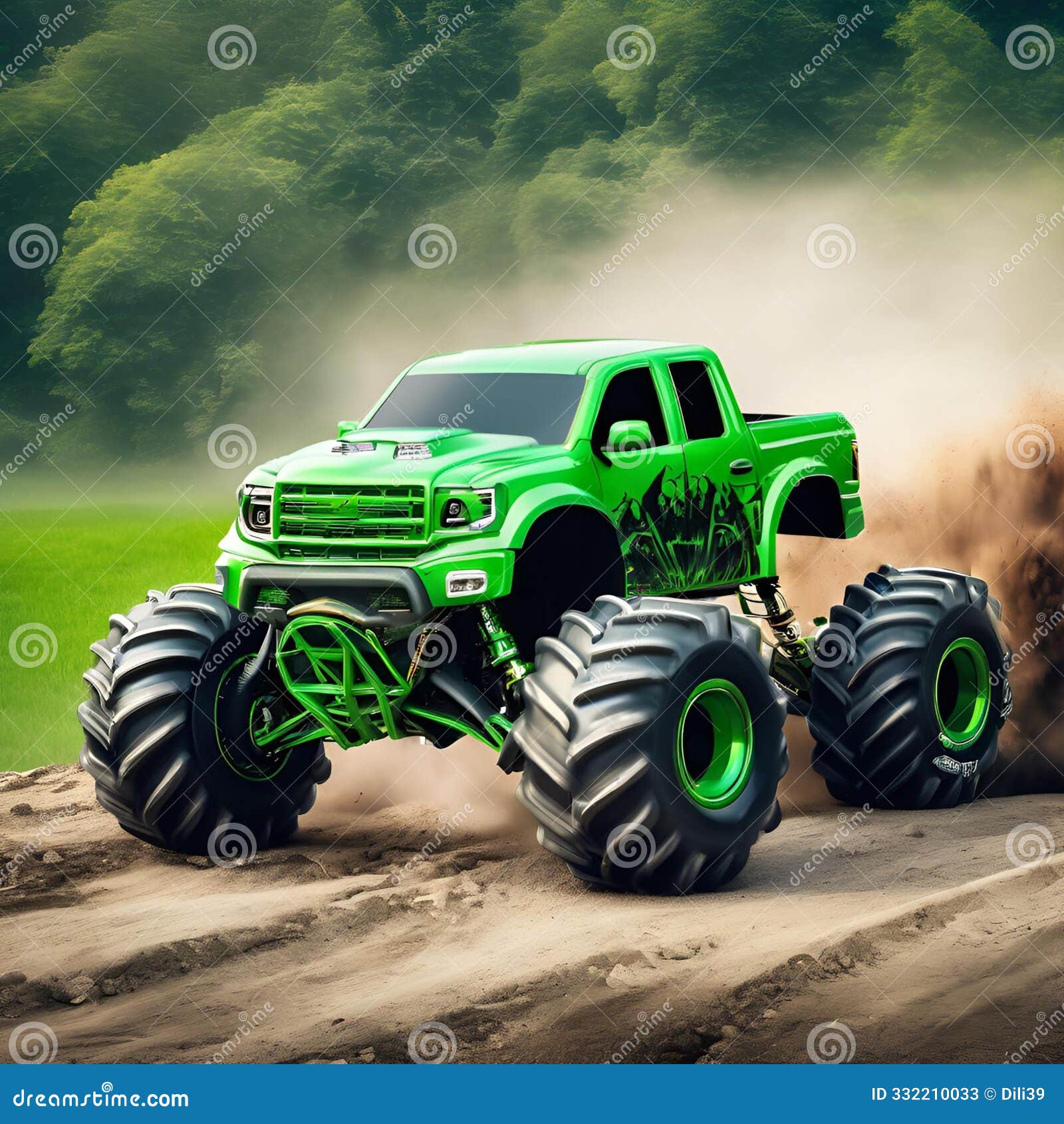 3D Green Off-Road Vehicle with Dust Trail Stock Illustration ...