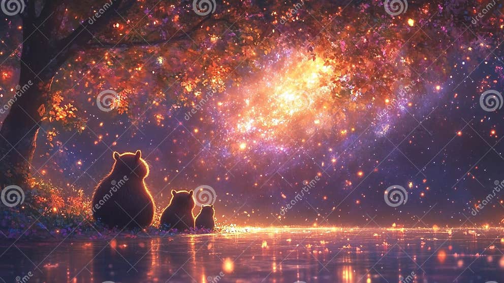 Cute Cosmic Family of Capybaras in a Dreamy Forest Background Stock ...