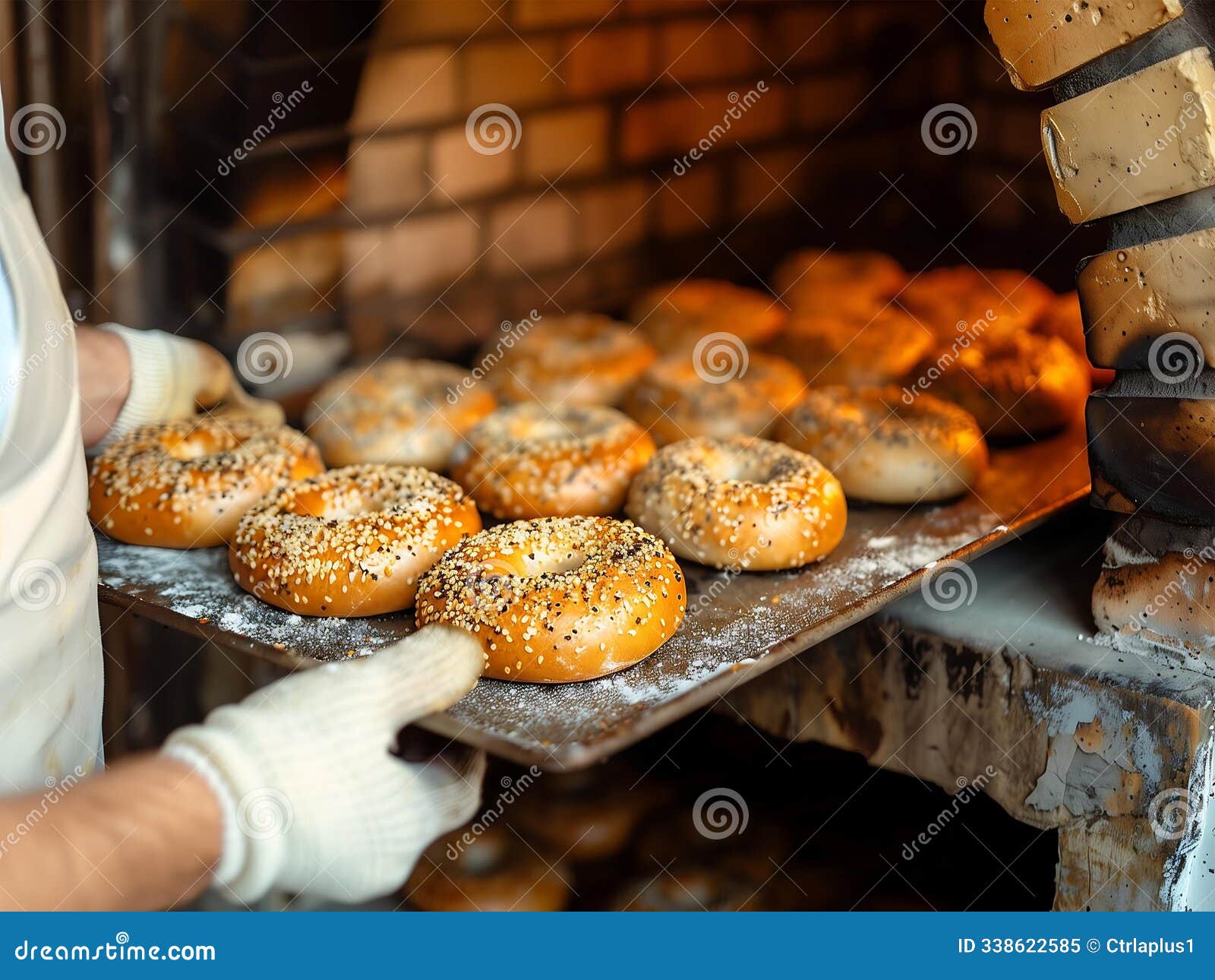 Baked Bagels. Chef Pulls Bagels Baked from the Hot Oven. the Process of ...