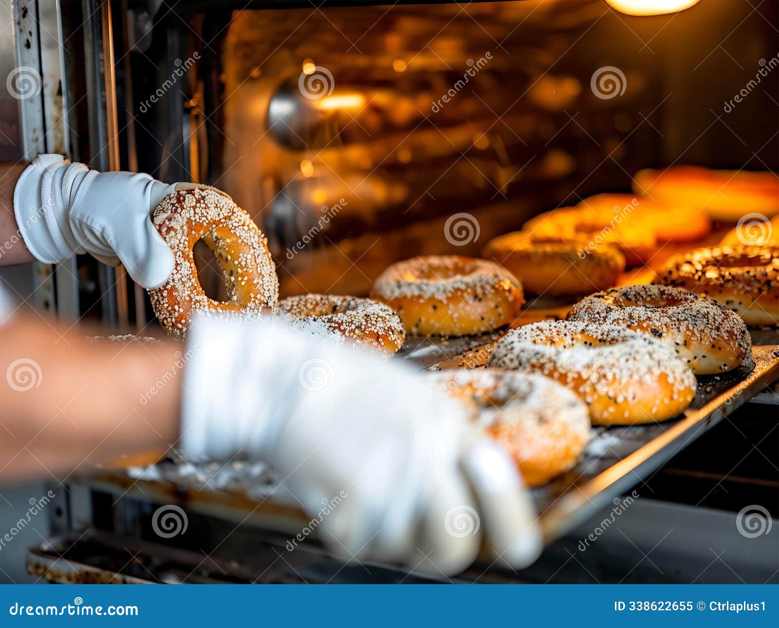 Baked Bagels. Chef Pulls Bagels Baked from the Hot Oven. the Process of ...