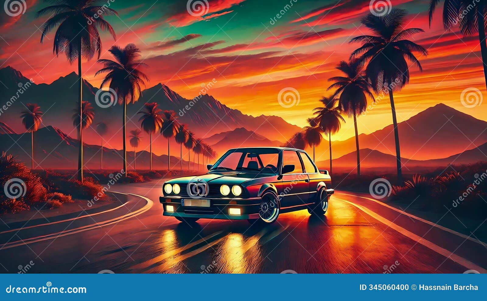Retro Sunset Drive: Classic Car on a Tropical Road at Dusk Stock Photo ...