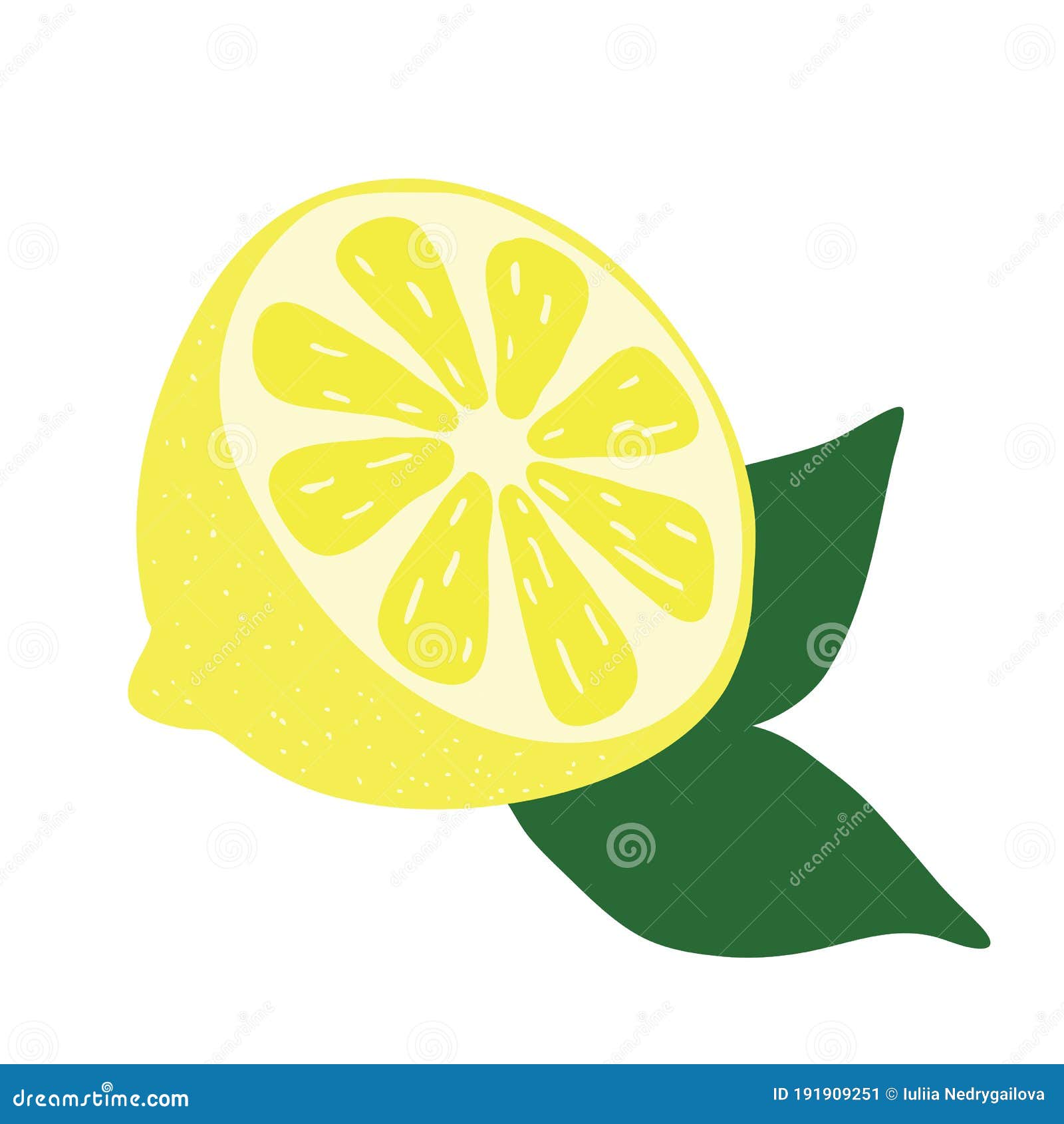 Hand Drawn Half of Lemon with a Leaf, Cartoon Style, Raster Stock ...