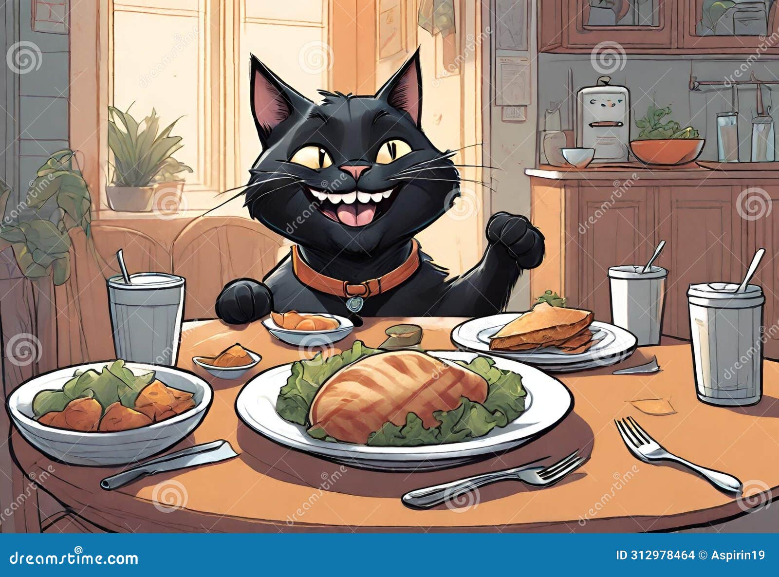 An Illustration about Black Cat Named Duffy Having Lunch Time Stock ...