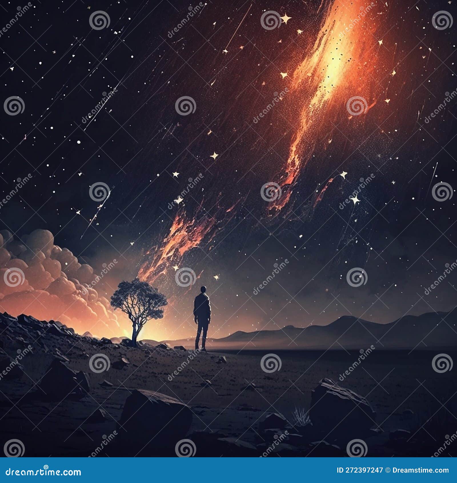 Unusual Fantastic Landscape, Fire Flies in the Night Sky, Falling Comet ...