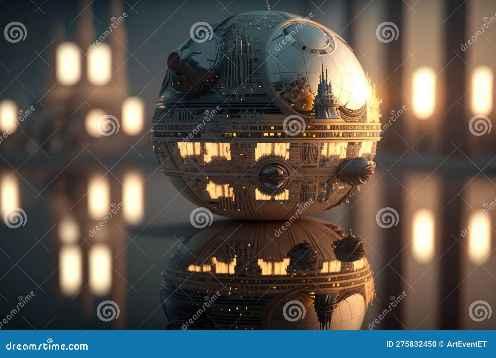 Unusual Miniature Spaceship Stands on a Mirror Table Stock Illustration ...