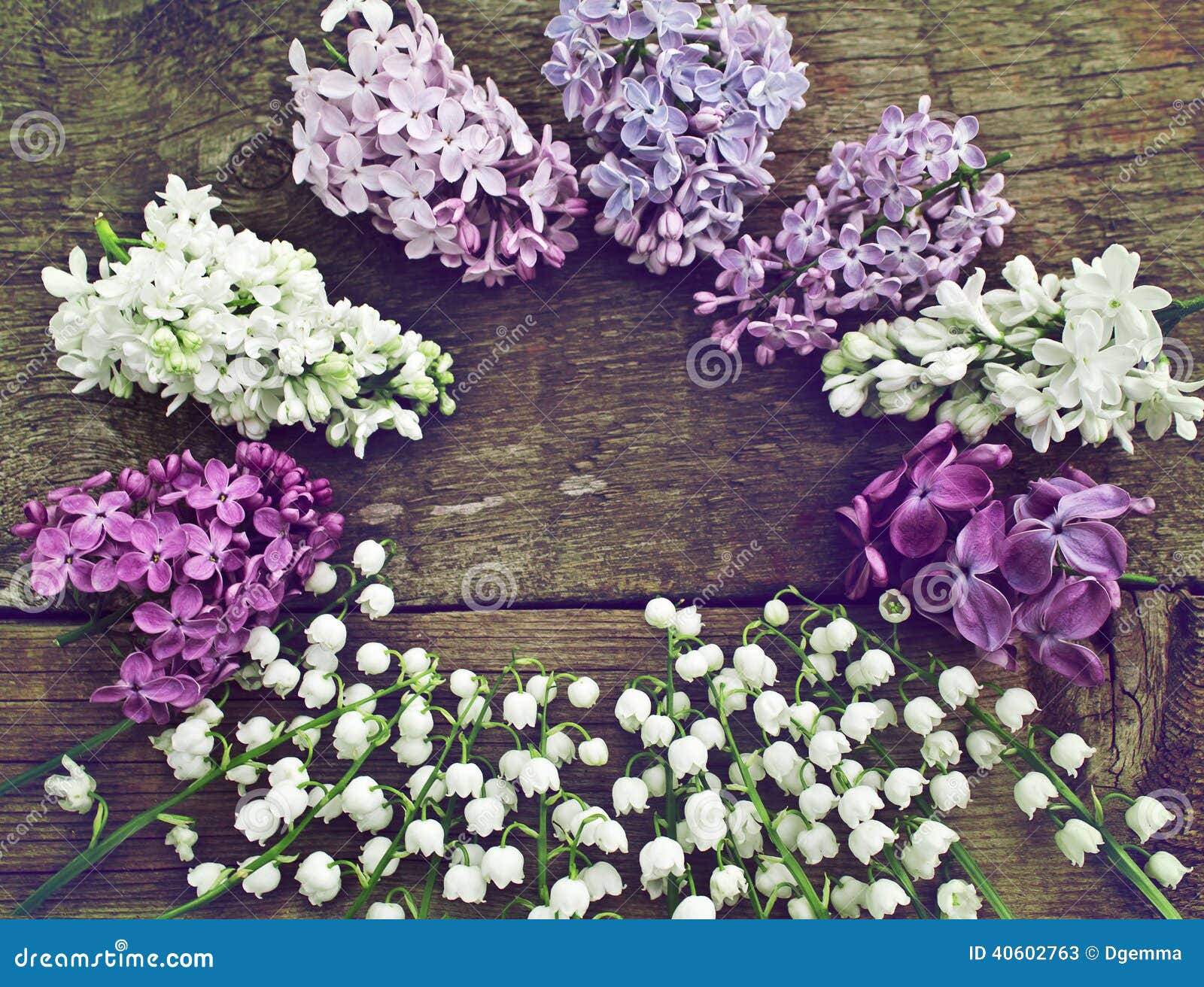 Unusual Round Frame of Lilac and Lily of the Valley. Stock Image ...