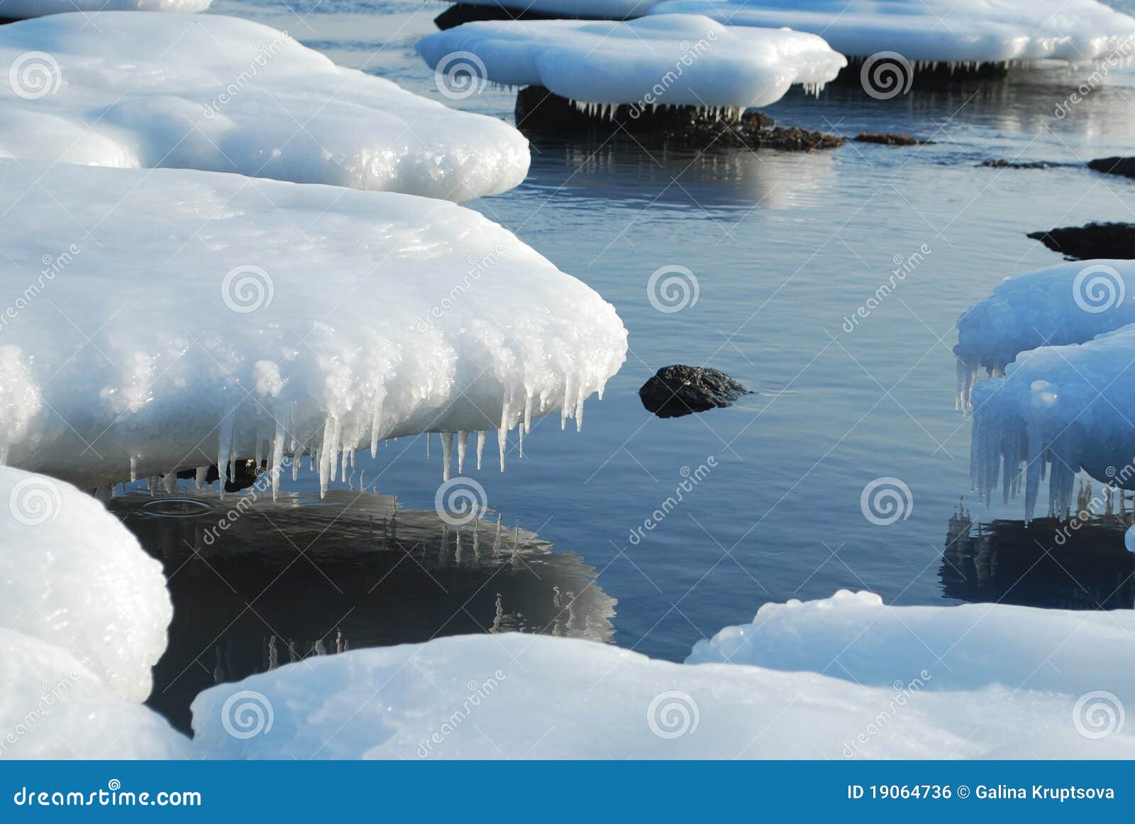 Unusual Round Ice Floes with Icicles on a Backgrou Stock Photo - Image ...