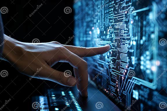 Unyielding Hand of Robot Touch. Coding Monitor Science Stock Photo ...