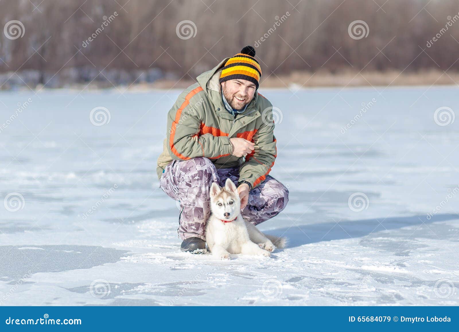Uomo e husky siberiano immagine stock. Immagine di divertente - 65684079