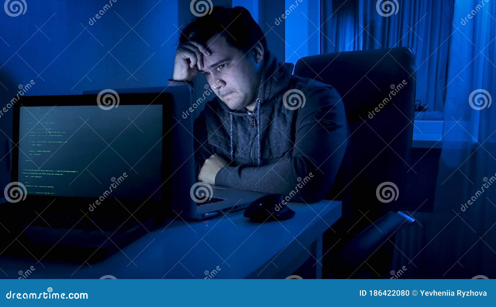 Uoset Stressed Male Programmer Working On Computer In Office At Night
