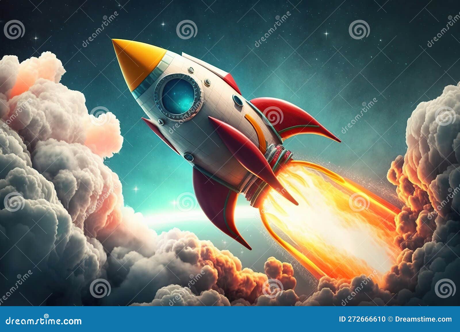 Up, Up, and Away, a Whimsical 3D Scene of a Rockets Adventures in Space ...