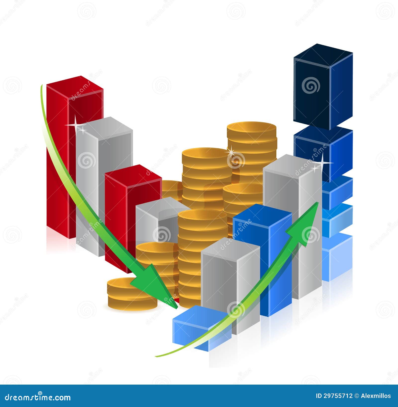 Up and Down Business Graphs and Coins Stock Illustration - Illustration ...