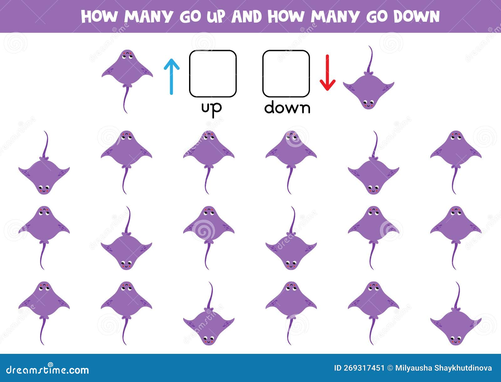 Up or Down with Cute Cartoon Stingray. Educational Game To Learn Up and ...