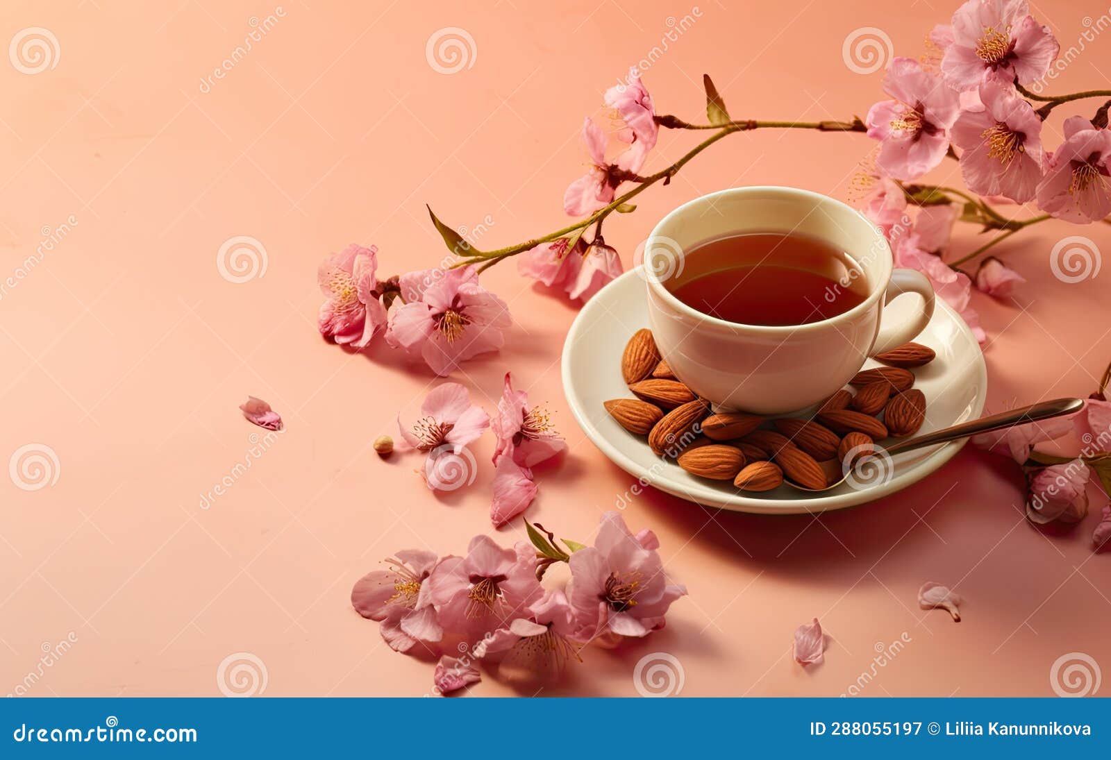 A Up of Tea Almonds Spices and Herbs on a Pink Background. Stock Image ...