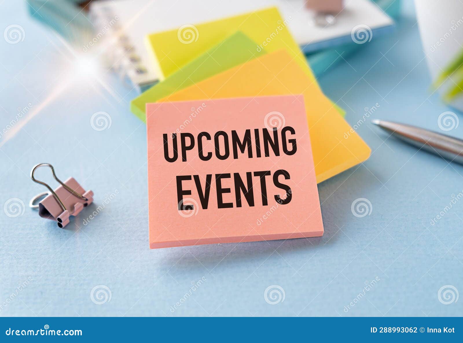 Upcoming Events Sign on the Torn Paper on the Blue Background Stock ...