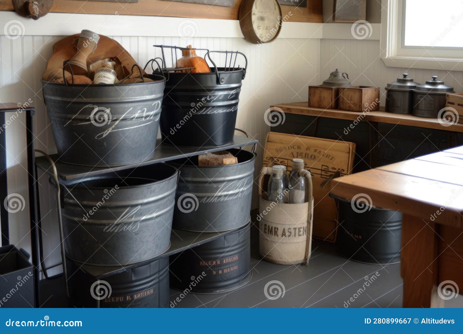 Upcycled Metal Bins and Buckets Used for Storage Stock Image - Image of ...