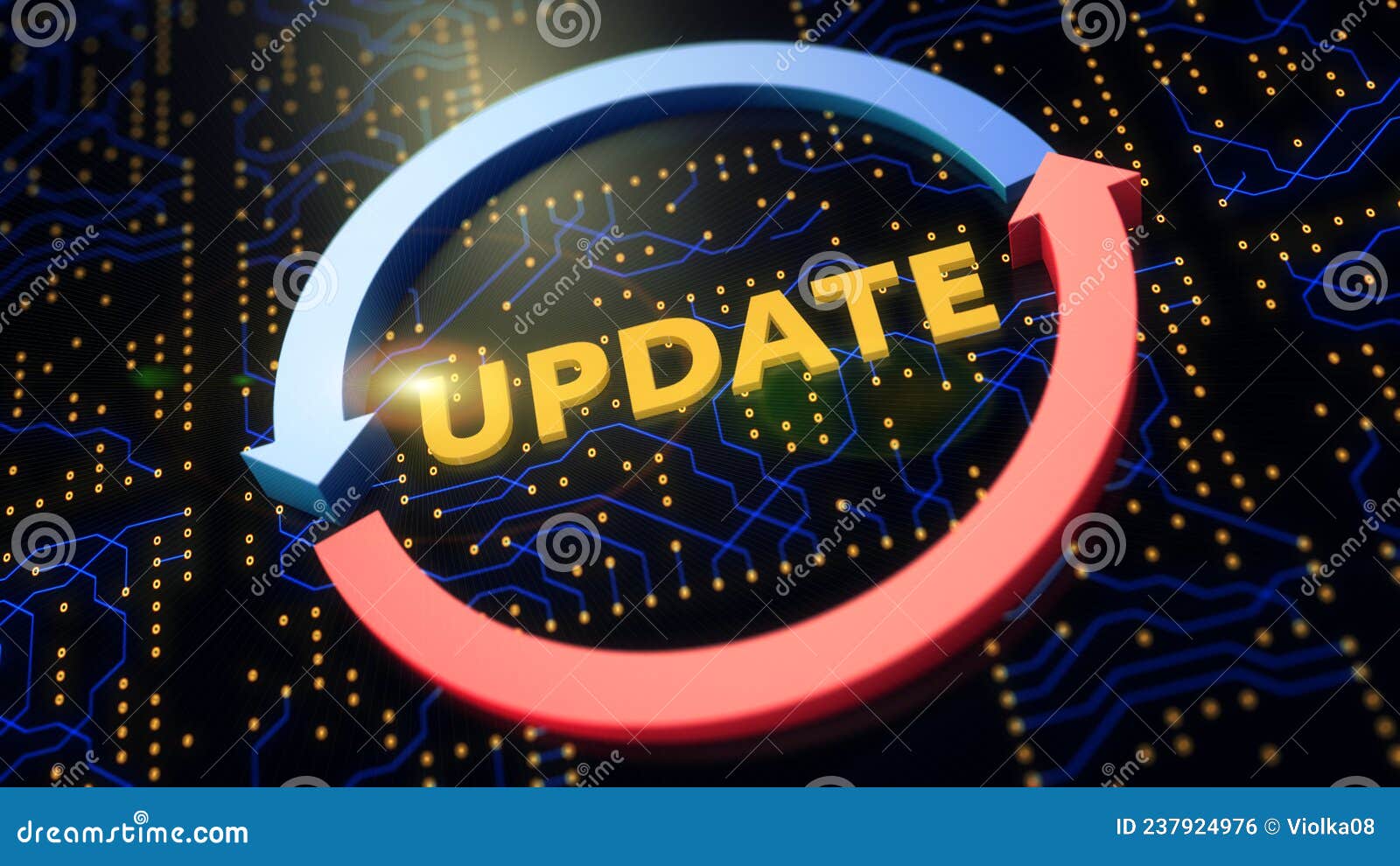 Update Computer System Process With Blurred Circuit Board. 3D Symbol ...