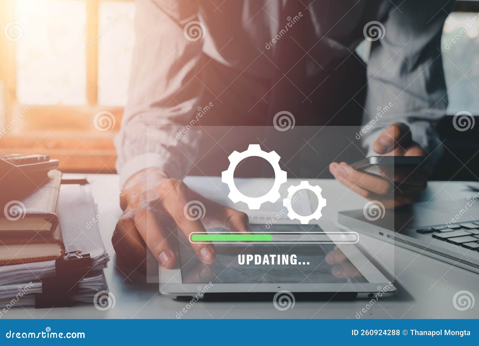 Person Waiting For Installing Update Process With Loading Bar Icon On ... Person Waiting For Installing Update Process With Loading Bar Icon On ...
