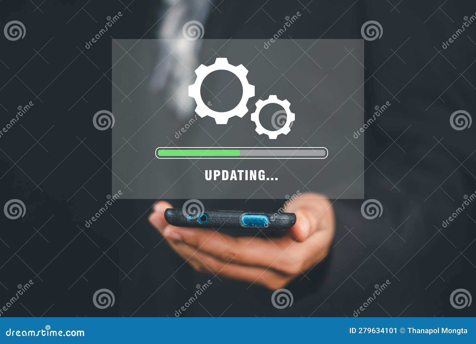 Person Waiting for Installing Update Process with Loading Bar Icon on Virtual Screen on Smart ...