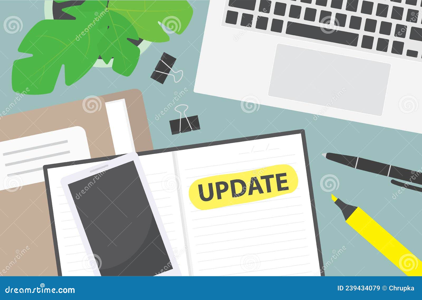 Update Reminder Written in Notebook, Flat Lay Desk Composition Stock ...