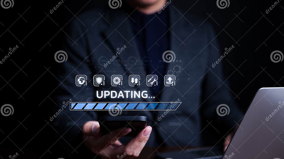 Update Software Application Upgrade Technology Concept. Man Using Smart Phone, Software Update ...
