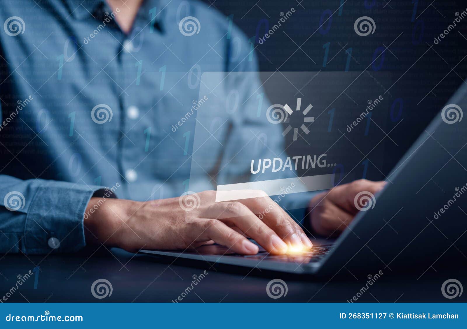 Update Software System in Computer. Man Using Smartphone Upgrade ...