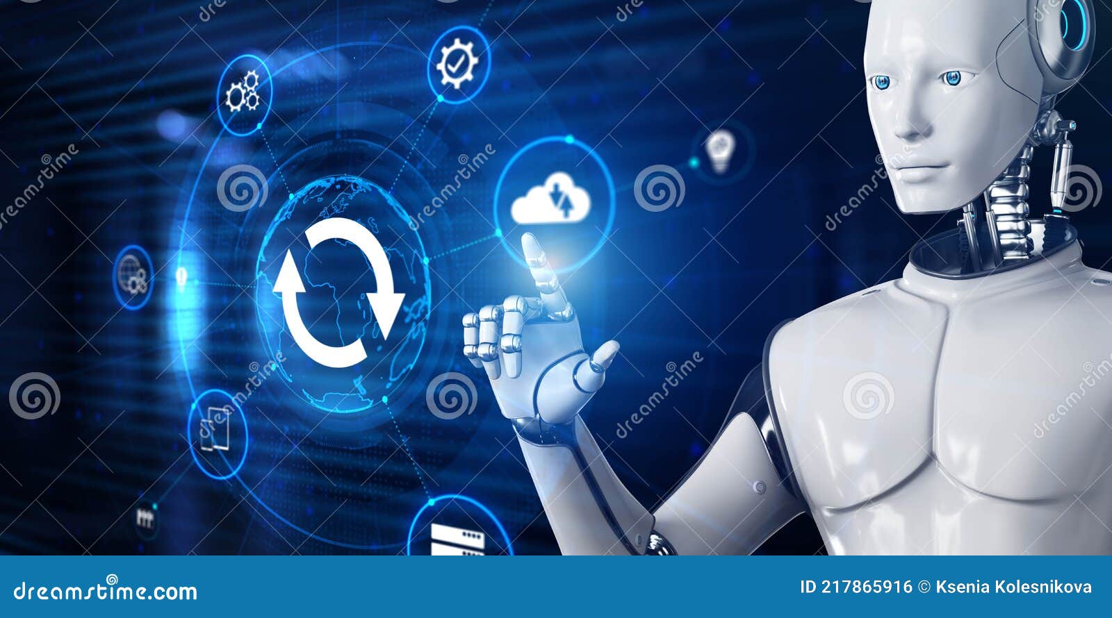 Update System Upgrade Install. Robot Pressing Button on Screen 3d Render Stock Illustration ...