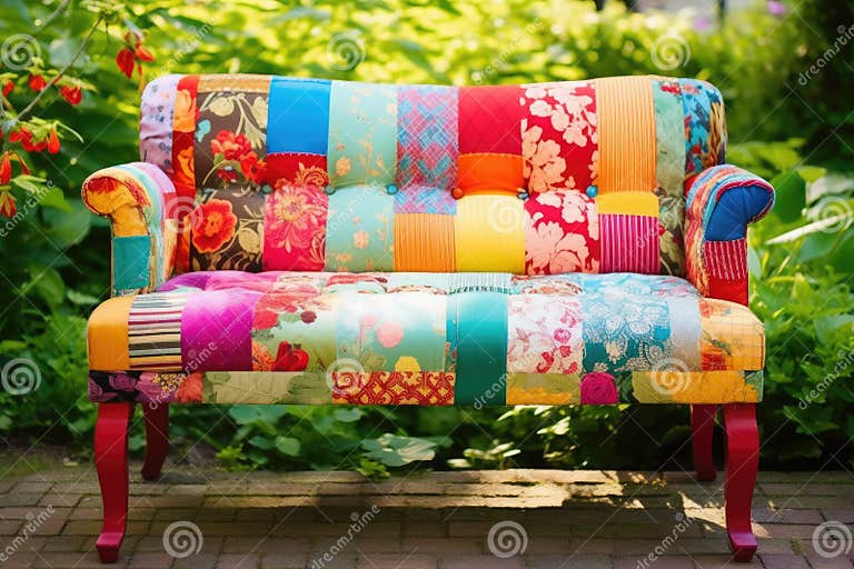 Upholstered Bench with Colorful Patchwork Stock Image - Image of design ...